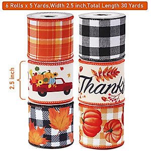 Fall Ribbon Wired 2 1/2 Inch x 30 Yards(6 Roll x 5 Yards), Thanksgiving Pumpkin Buffalo Plaid Ribbon with Wire for Wreaths Crafts Fall Decor