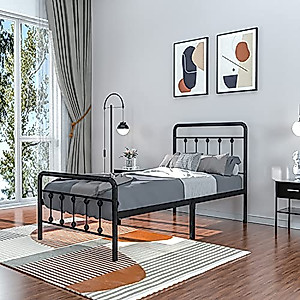 Noillats Metal Bed Frame Twin Size with Vintage Headboard and Footboard, Solid Sturdy Steel Slat Support Mattress Foundation, No Box Spring Needed, Steel Grey