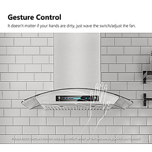 IKTCH 30-inch Wall Mount Range Hood Tempered Glass 900 CFM, Kitchen Chimney Vent Stainless Steel with Gesture Sensing & Touch Control Switch Panel, 2 Pcs Adjustable Lights(IKP03-30)