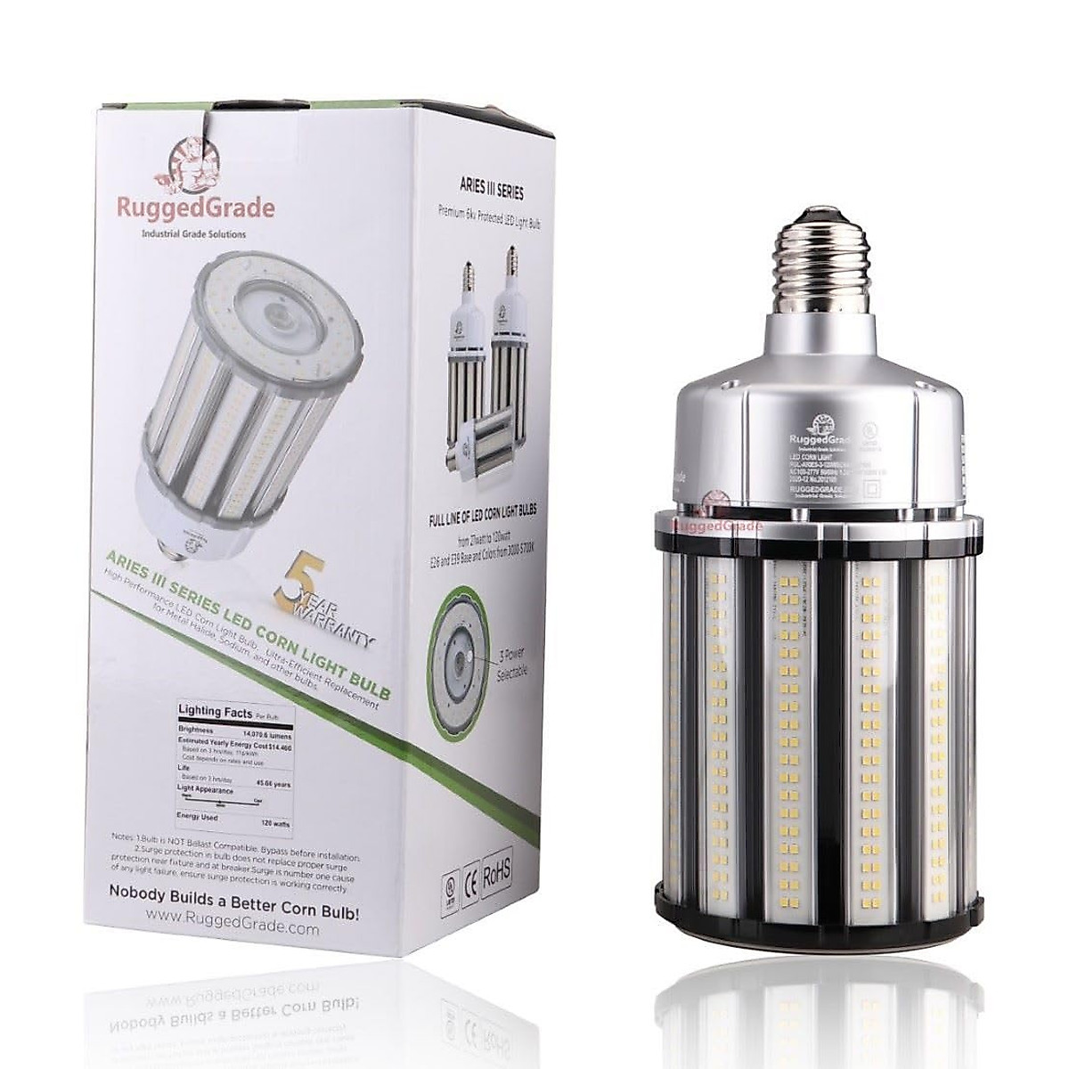 120 Watt LED Corn Bulb - Aries III Series - 16,400 Lumens - 5000K - E39 Large Mogul Base - Built-in 6KV Surge - Dimmable - DLC 5.1