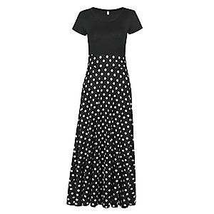 Aublary Womens Short Sleeve Floral Print Maxi Dress Round Neck Casual Tunic Long Maxi Dress, Polka Dots M