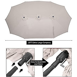 AECOJOY 15x9ft Double-Sided Patio Umbrella Outdoor Market Umbrella Large Sunbrella Table Umbrellas with Crank Air Vents for Deck Pool Patio (1.9" Pole,Beige)