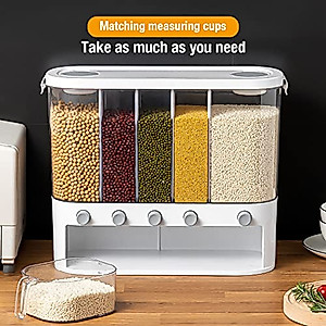 Conworld Dry Food Dispenser,Wall mounted 5 Grid Scent Bead Dispenser,Rice dispenser 25 pounds Kitchen Storage with Measuring Cup, Suitable for Rice, Beans, Laundry Beads