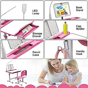 Wrilibo Kids Desk and Chair Set 3-12 Years, Height Adjustable Study Desk for Kids, Kids School Desk with Light, 40-Degree Tiltable Desktop Kids Study Desk, Girls Desk Pink