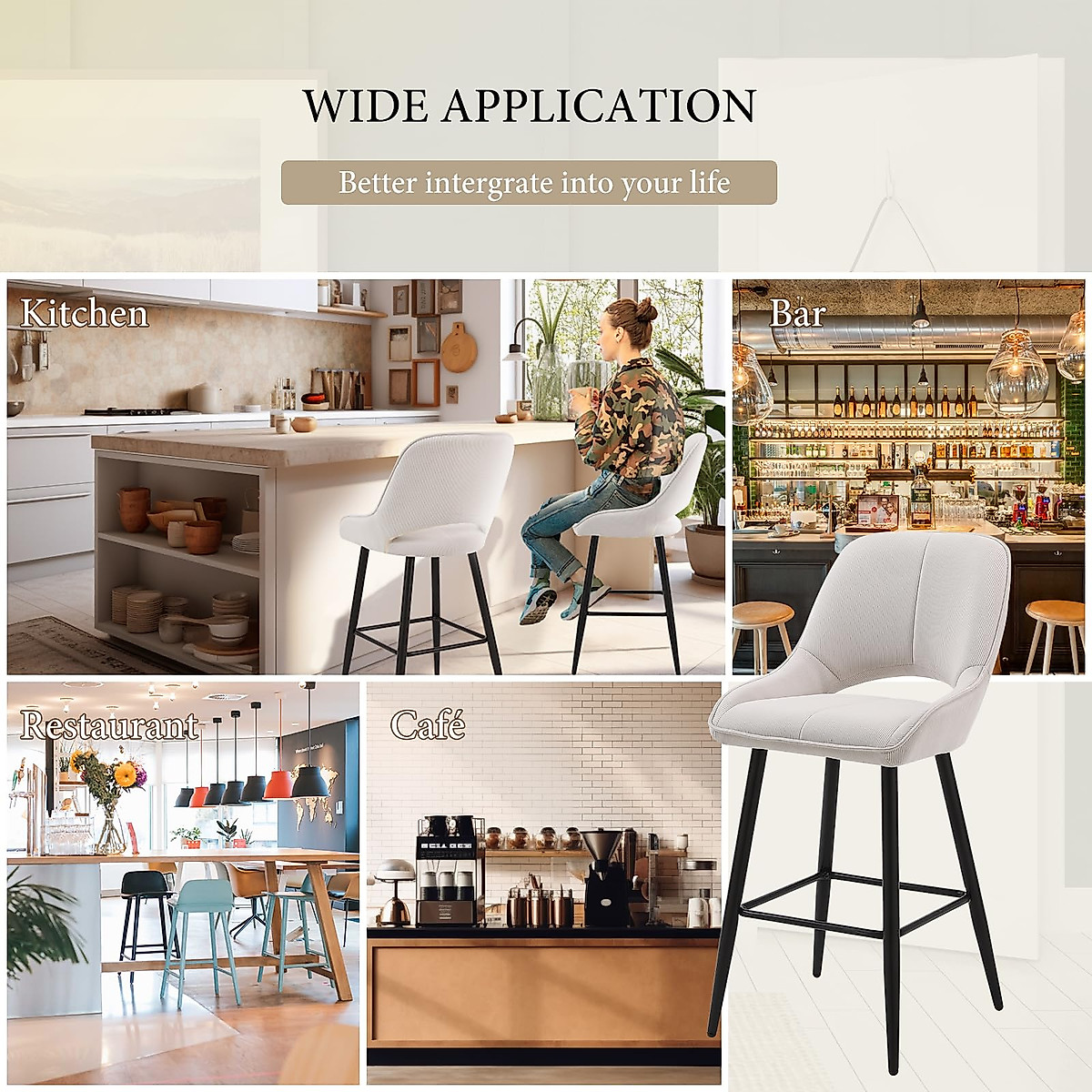 Chummaven Counter Stools Set of 2 Mid Century Modern Barstools with Legs Upholstered Bar Stools with Hollow Back 26 Inch Counter Height Stool Chairs for Kitchen Island(Beige)