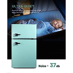 WATOOR 3.2 CU. FT. Mini Refrigerator With Freezer - Removable Glass Shelves and Basket - 7 Temp Setting - Small Drink Food Storage Cooler for Office, Dorm, Apartment, Bedroom, Mint Green