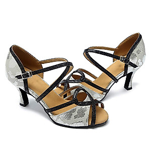 HROYL Latin Dance Shoes For Women Low Heel Ankle Strap Latin Salsa Bachata Shoes Performance Dance Shoes,YCL215-Silver grey-4.5,US5.5