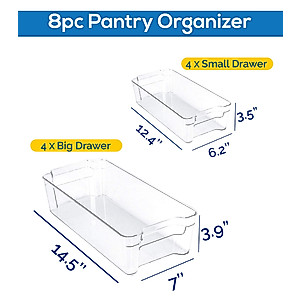 Utopia Home Set of 11 Organizers-8 Pantry Organizers (4 Large & 4 Small Drawers) & 3 Stackable Tea Bag Organizer Box with Clear Top Lids - Plastic Storage Racks for Freezers, Kitchen and Cabinets