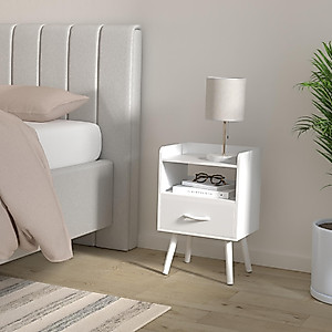 Yoobure Night Stand with Drawer, Modern Nightstand, Bedside Tables, Mid Century Nightstands with Open Storage Shelf, Wood Bedside Table, Small Night Stands for Bedrooms, 2-Tier Night Table