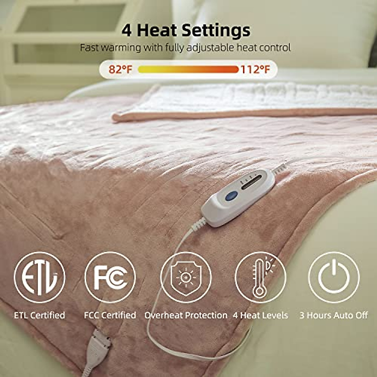 GOTCOZY Heated Blanket Electric Throw 50''X60''- Soft Silky Plush Electric Blanket with 4 Heating Level & 3 Hour Auto Off Heating Blanket, ETL Certified Machine Washable (Rose Dust)