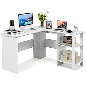 Tangkula White L Shaped Desk with Storage Shelves, Wooden Corner Computer Desk, Space-Saving Home Office Workstation, Gaming Desk, Writing Study Desk, L Shaped Office Desk