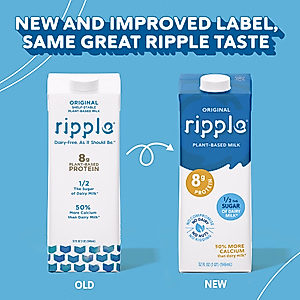 Ripple Non-Dairy Milk, Original| Vegan Milk With 8g Pea Protein| Shelf Stable Single Serve Cartons | On-The-Go | Non-GMO, Plant Based, Gluten Free | 32 oz, Pack of 6