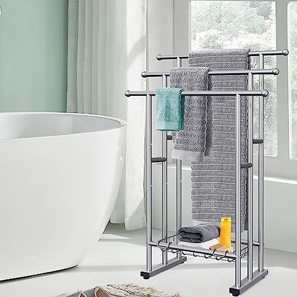 40" Tall Freestanding Towel Racks for Bathroom, 3 Tier Floor Towel Rack with Storage Basket, Blanket Ladder Drying and Display Rack for Large Bath Towel & Hand Towel Outdoor Poolside (Silver)