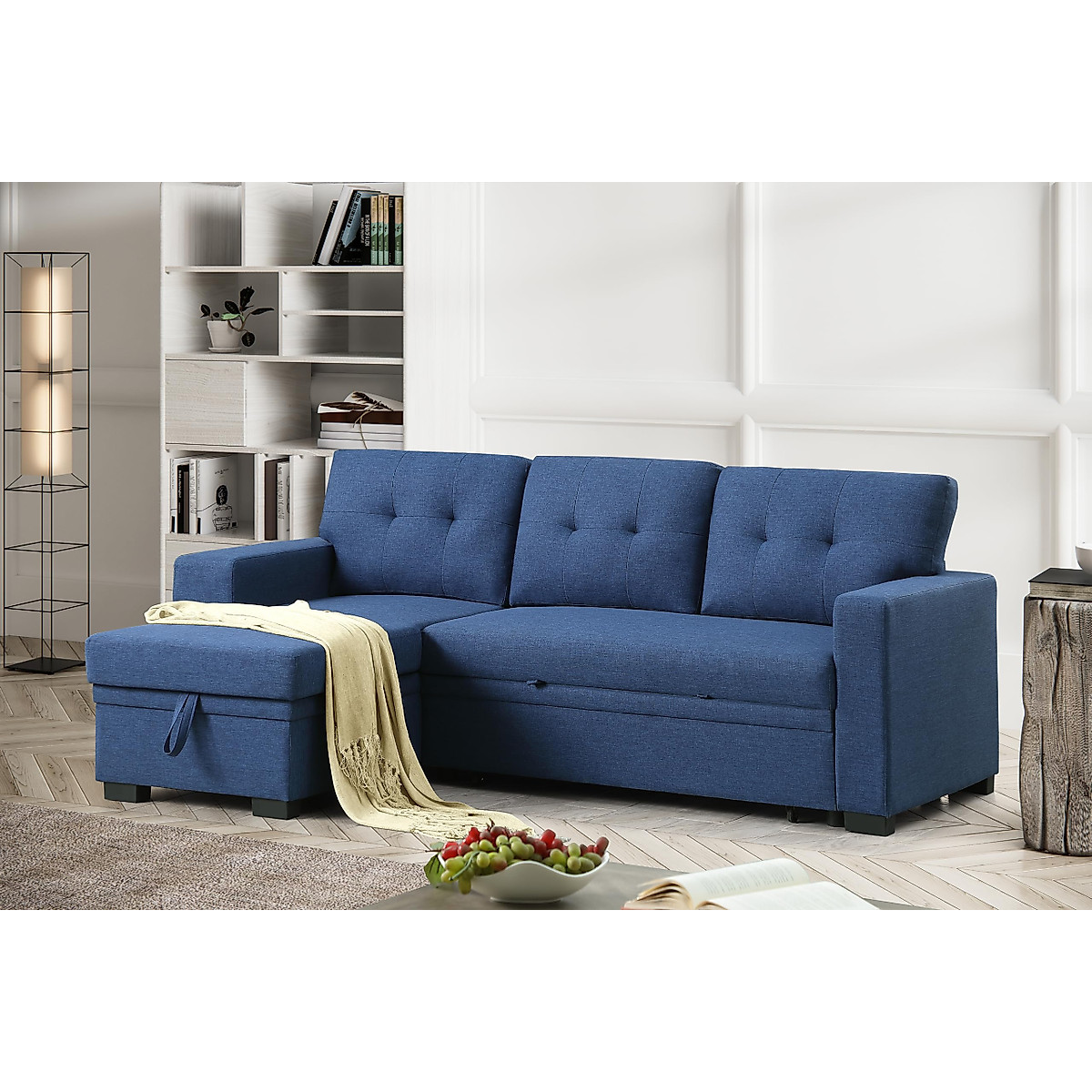 RENDGO 92 inch L-Shape Sectional Sleeper Sofa with Chaise Storage and Pull-Out Bed, Tufted Linen Backrest, Reversible 3-Seater for Living Spaces, Blue