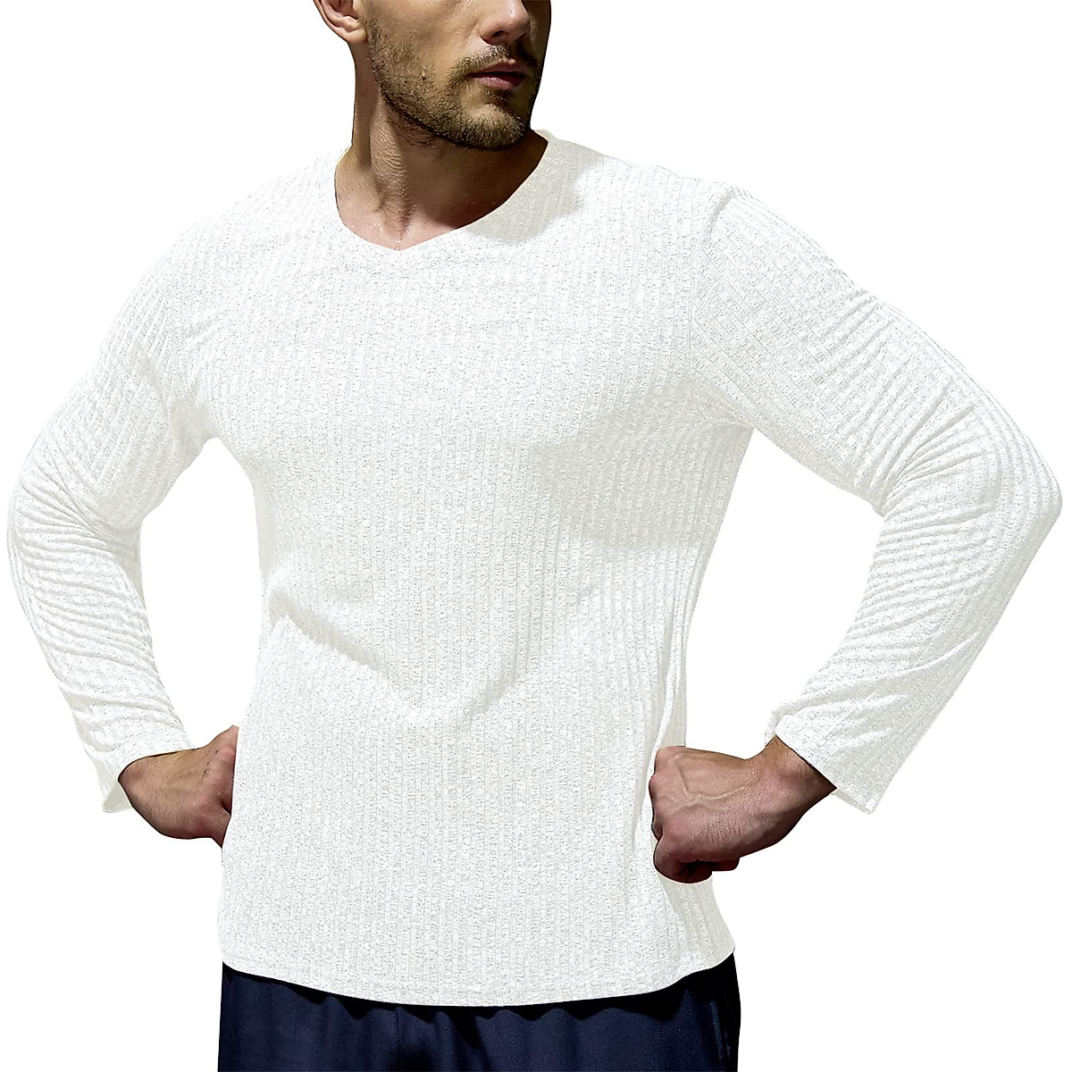 CTU Men's Fashion Athletic T-Shirts Long Sleeve Shirts Workout V Neck Solid Color Tee Shirt Top White