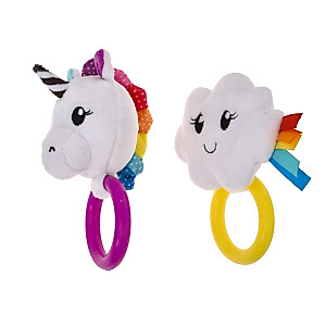NoJo Sassy Baby Ulbright Unicorn and Cloud Multi-Colored Developmental Plush Teether Rings Two Pack with Rattle and Chime