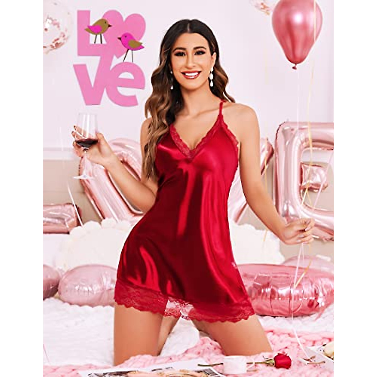 Avidlove Women Lingerie Satin Lace Chemise Nightgown Sexy Full Slips Sleepwear (Medium, 1Red)