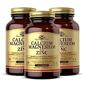 Solgar Calcium Magnesium Plus Zinc - 100 Tablets, Pack of 3 - Promotes Healthy Bones, Supports Nerve & Muscle Function - Non-GMO, Vegan, Gluten Free - 100 Total Servings