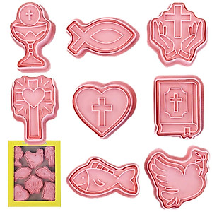 Kumprohu Christian Cookie Cutters,First Communion Christening Biscuit Molds - Chalice, Jesus Fish, Holy Cross, , Fancy Cross Biscuit Cutters for First Communion