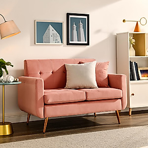 TZXTW Small Couches for Small Spaces, Modern Loveseat Sofa with Gold Iron Legs, Mid Century Decor Love Seat, Button Tufted Linen Fabric 2 Seat Sofa, for Living Room, Bedroom, Apartment, Office,Pink