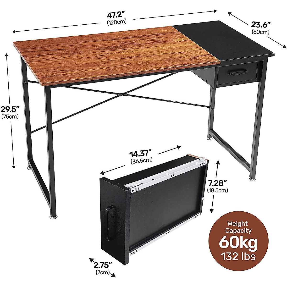 QooWare Home Office Computer Desk, 47" Study Writing Desk Dual-Colored Modern Simple Wooden PC Desk with Storage Drawer, Supports Up to 132 lbs (Espresso & Black)