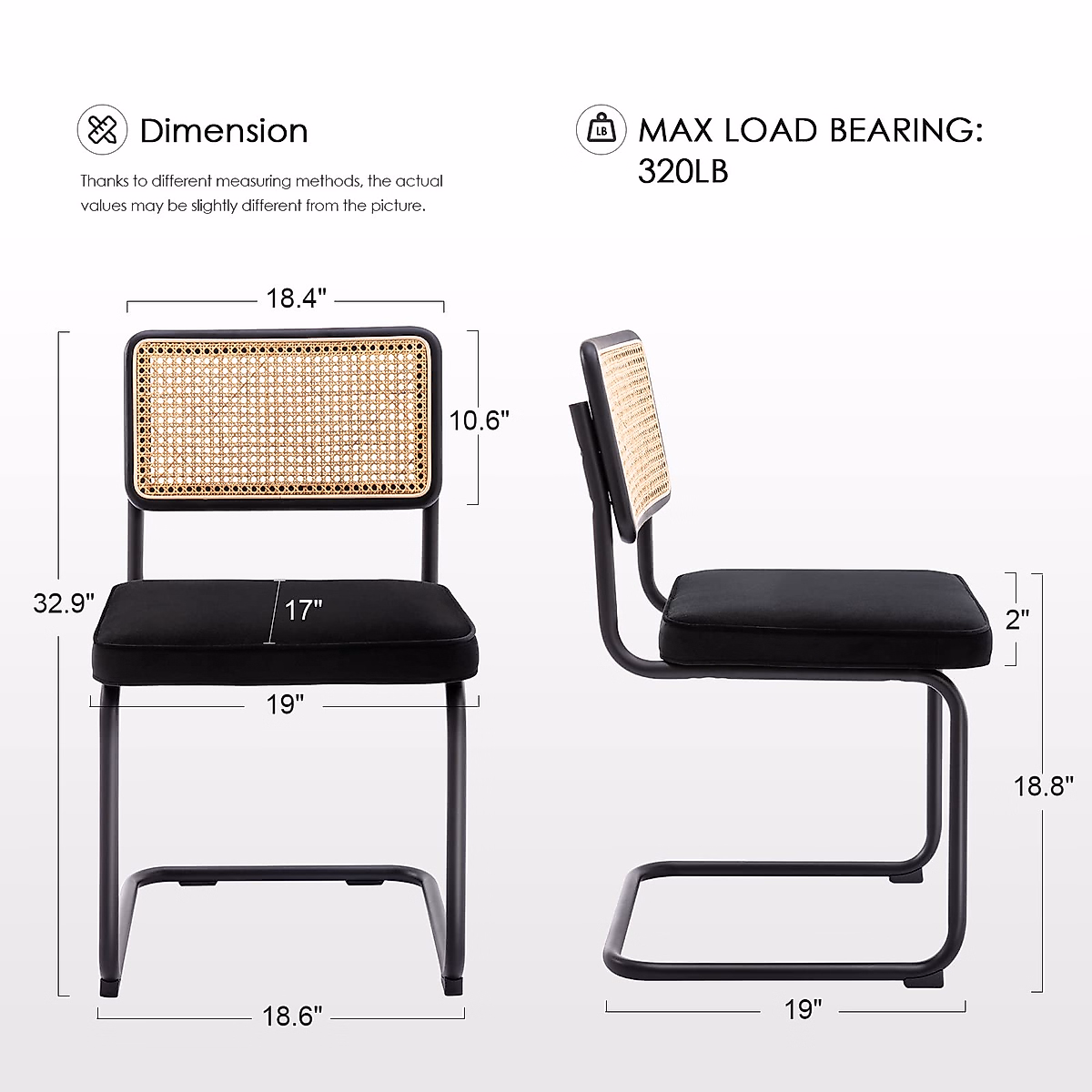 Zesthouse Rattan Dining Chairs Set of 2, Velvet Accent Chairs with Natural Cane Back & Stainless Chrome Base, Modern Mid Century Breuer Designed Chairs, Upholstered Dining Room Kitchen Chairs