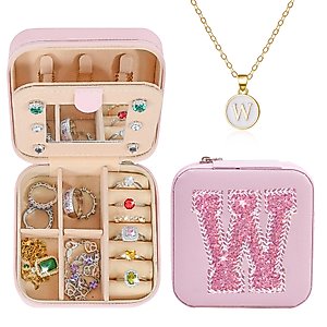 U·helper Mini Jewelry Travel Case| Back to School Jewelry Box for Women| Gold Initial Necklaces for Women | Birthday Travel Gifts for Women Mom Bridesmaid Friendsage,W-Pink