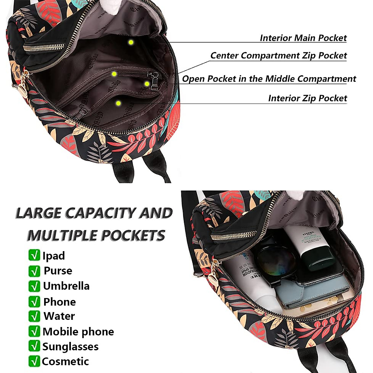 MULTIONS Women Fashion Mini Backpack,Small Backpack Purse for women Travel Shoulder Bags,Waterproof Rucksack Mini Shoulder Bags (Leaves,L)