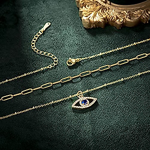 PPJew Layered Evil Eye Necklace 18K Gold Plated Blue Third Eye Layering Chocker Necklace Protection Mal De Ojo Nazar Amulet Jewelry Gift for Women Mother（Gold）