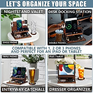 Solid Wood Phone Docking Station for up to 3 Phones - Nightstand Organizer for Men & Women Holds Multiple Phones, Tablets, Apple Watch & More - Neatly Stores Keys, Rings, Glasses & EDC, Brown