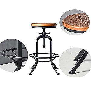 Lisuden Industrial Farmhouse Bar Stools Set of 2, Black Metal Base, Wood Seat, Adjustable Height 24.8-30"