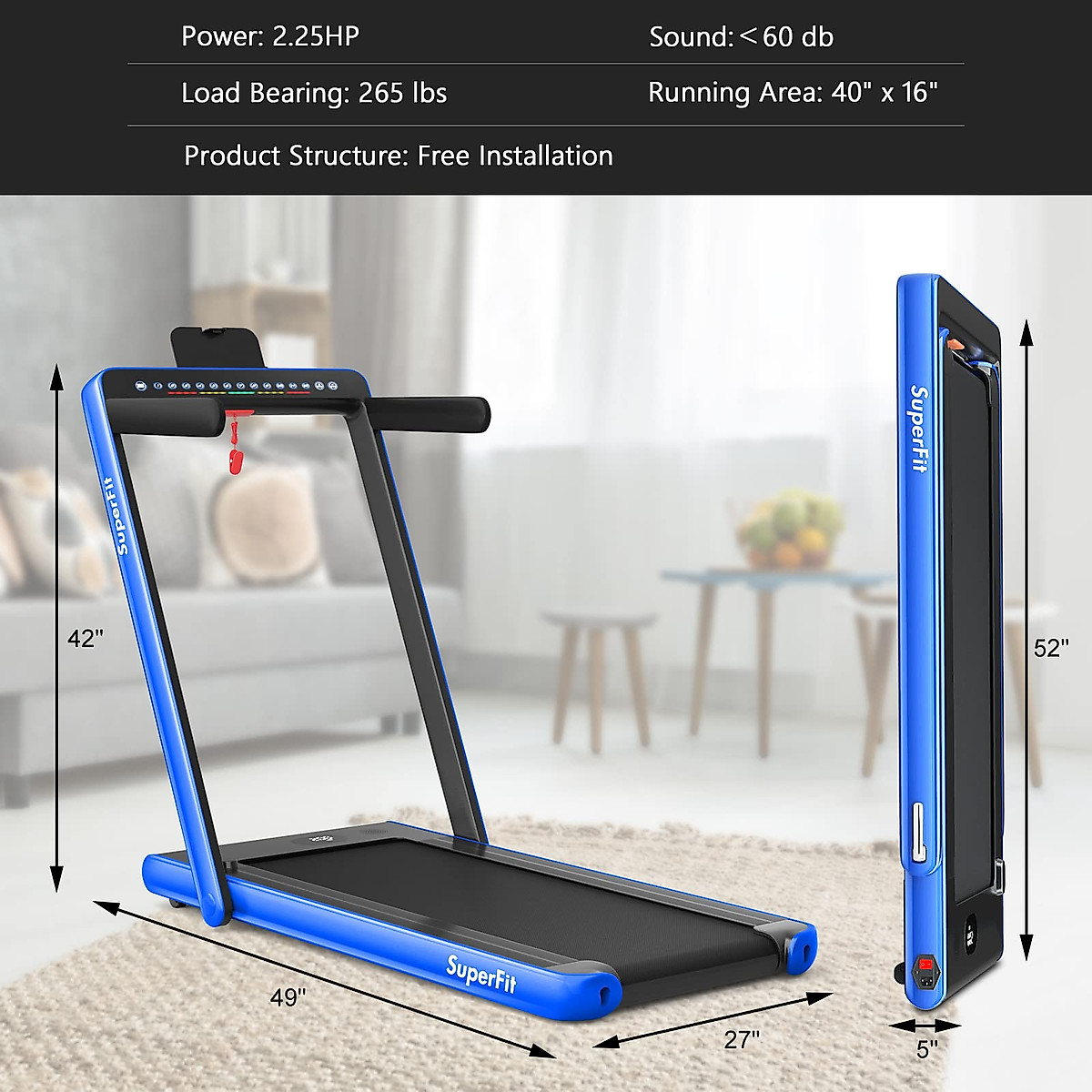 Goplus 2 in 1 Folding Treadmill with Dual Display, 2.25HP Superfit Under Desk Electric Pad Treadmill, Installation-Free, Blue Tooth Speaker, APP Control, Remote Control, Walking Jogging for Home