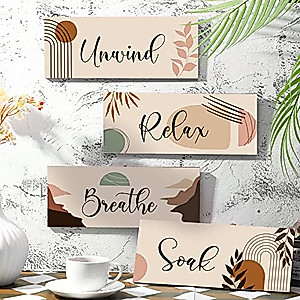 4 Pcs Boho Bathroom Decor Relax Soak Unwind Breathe Sign Bathroom Wall Arts Decor Boho Bathroom Wooden Wall Decor Rustic Farmhouse Bathroom Wall Decor Paintings for Home Washroom, 9.84 x 3.94 Inch