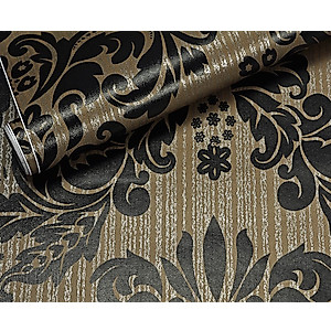 JZ·HOME H9148 Damask Peel and Stick Wallpaper 17.7" x 9.8ft Black/Brown Removable Contact Paper Self-Adhesive Damask Furniture Stickers Drawer Vinyl Decorative Film