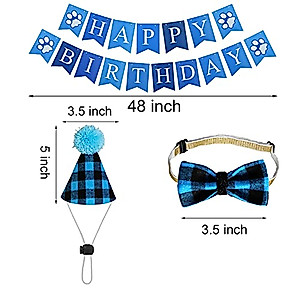 JOTFA Dog Birthday Party Supplies, Plaid Dog Birthday Boy Bandanas with Dog Birthday Party Number Hat Bow Tie Bannner for Small Medium Large Dogs Pets (Light Blue)
