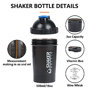 VIGIND Protein Shaker Bottle,18oz Shaker Bottles For Protein Mixes,Sports Water Bottle,Supplement Mixer Bottle,Leak Proof,Non Slip,With a 5oz Storage Cups And a Pill Tray (Blue)