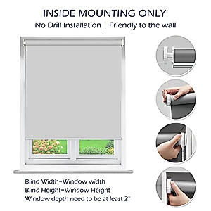 No Drill Inside Mount Blackout Roller Shades Custom No Tools Tension Window Blinds, Easy Install Waterproof Blinds for Office Living Room, Bathroom, Kitchen, Light Grey