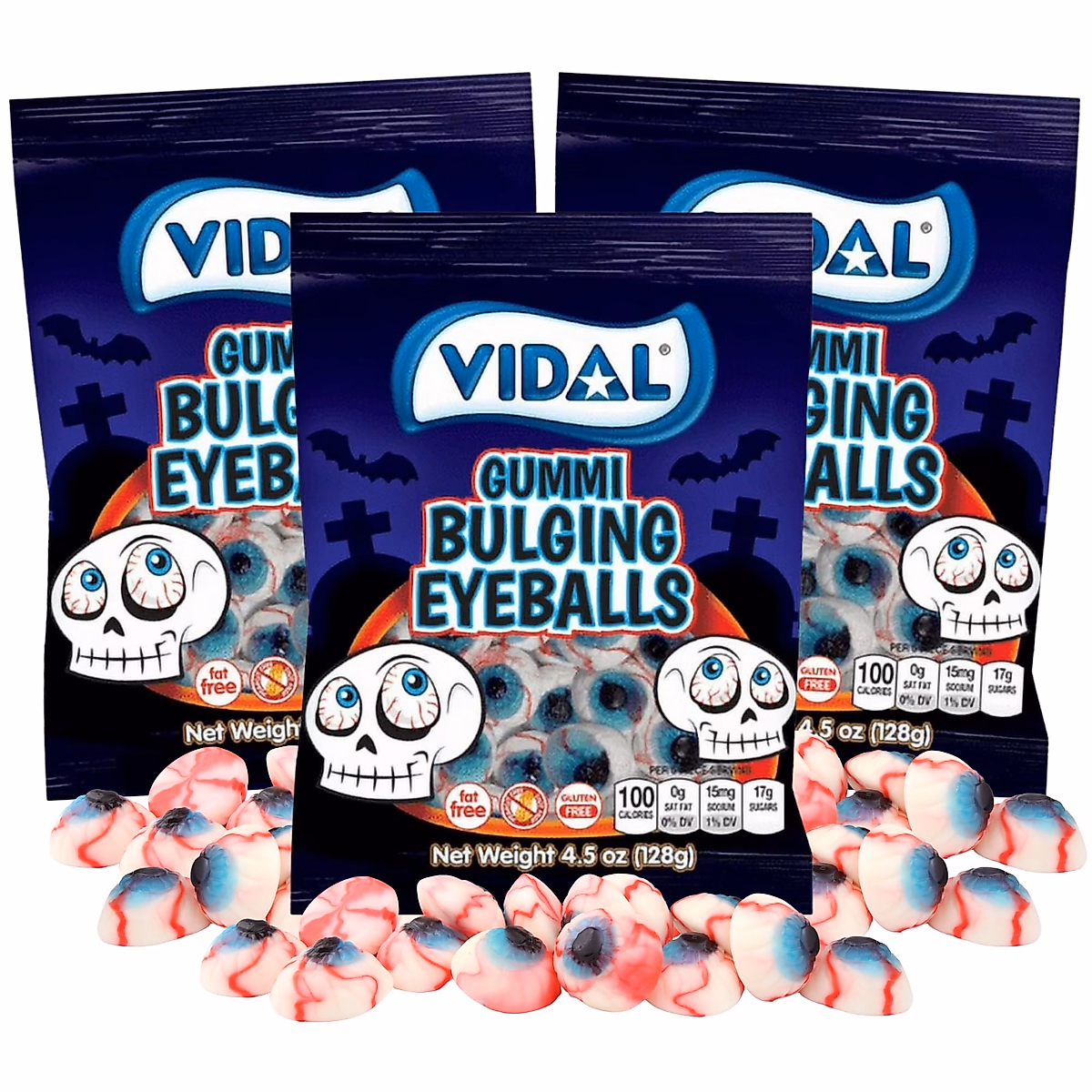 Halloween Gummy Bulging Eyeballs, Individually Bagged Candies, Freaky Candy Packs, (Pack of 3)