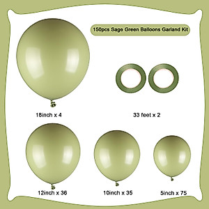 150pcs Sage Green Balloons Different Sizes Pack, 18 12 10 5 Inch Party Balloon Garland Arch Kit for Birthday Dinosaur Baby Shower Jungle Forest Theme Party Decorations(With 2 Ribbons)