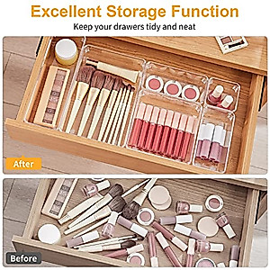 SMARTAKE 13-Piece Drawer Organizers with Non-Slip Silicone Pads, 5-Size Desk Drawer Organizer Trays Storage Tray for Makeup, Jewelries, Utensils in Bedroom Dresser, Office and Kitchen, Clear