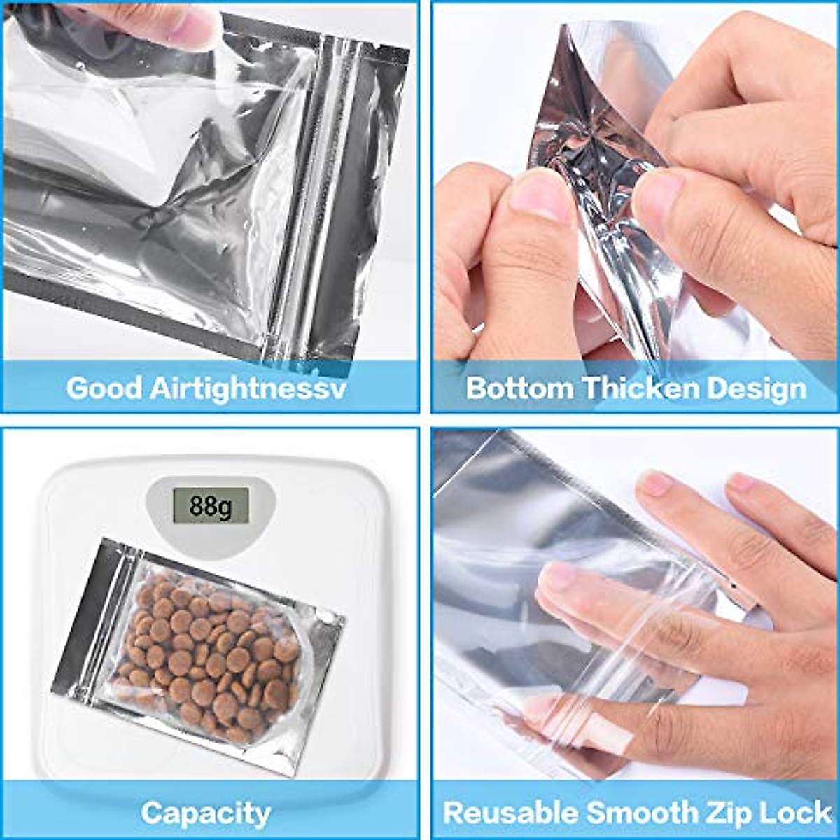 200 Pack - 4"x6" Stand Up Clear Silver Reclosable Mylar Bags for Food Storage, 7.8-mil Aluminum Foil Packaging, Plastic Zipper Food Coffee Candy Storage, Foil Grip Seal Zip Lock Wrap Smell Proof Bags