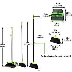 Broom and Dustpan,Indoor Broom and Dust Pans with Long Handle Up to 54 Inches,Broom and Dustpan Set for Home,Standing Upright Broom with Dustpan Combo Set for Kitchen Room Office Lobby Floor(Green)