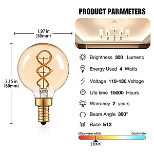 E12 Décor Globe g16.5 Candelabra Light Bulb 4W Dimmable , 40 Watts Equivalent, Amber Glass 2200K 300lm, Edison Replacement Globe Bulb for Sputnik Chandelier,Vanity ,and Ceiling Fan Light Bulbs 6 Pack