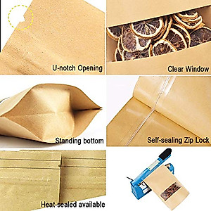 100 Pcs Resealable Stand Up kraft Paper Bags with Window for Packaging Products, Reusable Zip Lock Food Storage Pouch Bags (4.7" x 7.9")