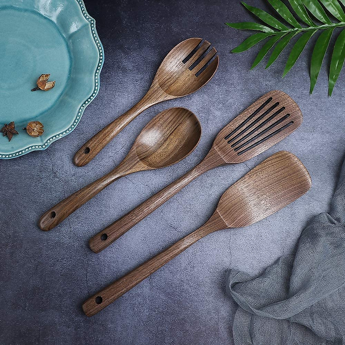 Wooden Spoons Spatula for Cooking，Walnut Wooden Kitchen Cooking Utensil Set 4 Pcs Cookware Household Shovel Spoon Fork Cooking Set Handmade Kitchen Tableware