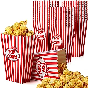 100 Pcs Popcorn Boxes Popcorn Cups Bulk 5.5 Inches Tall Paper Popcorn Bags Popcorn Cups Striped Red and White Popcorn Buckets Containers Bowl for Family Movie Theater Carnival Circus Party