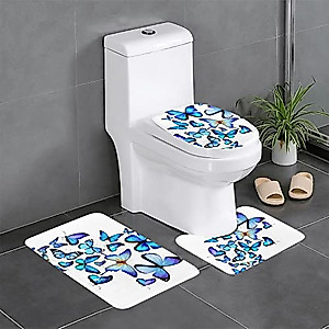 ASEELO Blue Butterfly Bathroom Rugs Sets 3 Piece with Toilet Cover, Bath Mats,U-Shaped Contour Mat,for Bathroom,Tub