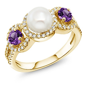 Gem Stone King 18K Yellow Gold Plated Silver Round Purple Amethyst and Cultured Freshwater Pearl Ring For Women (1.30 Cttw, Gemstone Birthstone, Available In Size 5, 6, 7, 8, 9)