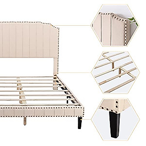 civama Queen Bed Frame with Headboard, Upholstered Platform Beds Modern Linen Mattress Foundation with Nail Head Footboard, No Box Spring Needed, Strong Wood Slats Support, Easy Assembly, Beige