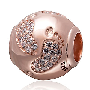 Rose Gold Baby Footprint Charm 925 Sterling Silver New Baby First Step Charms with Clear Cubic Zircon Round Bead Charms for Pandora European Charms Bracelet